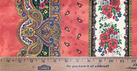 Acrylic Coated Tradition Floral Border Fabric In Salmon Red 81