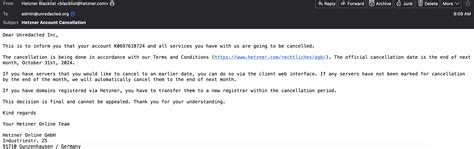 Hetzner Is Cancelling All Of Our Servers Without Reason — Lowendtalk