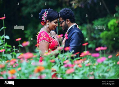 Newly Married Sri Lankan Sinhalese Couple Pose For Their Post Wedding