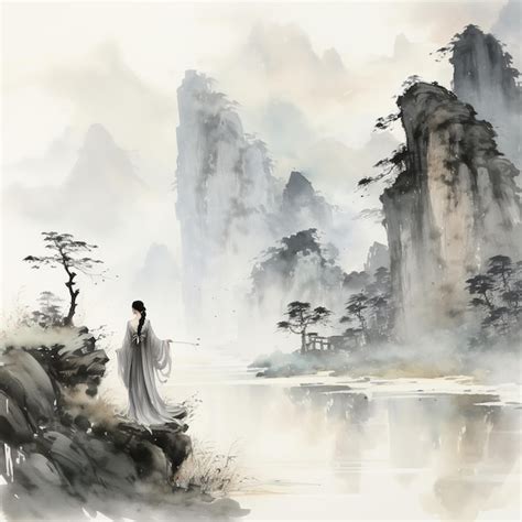 Premium Photo Chinese Ink Wash Painting Woman Fighter
