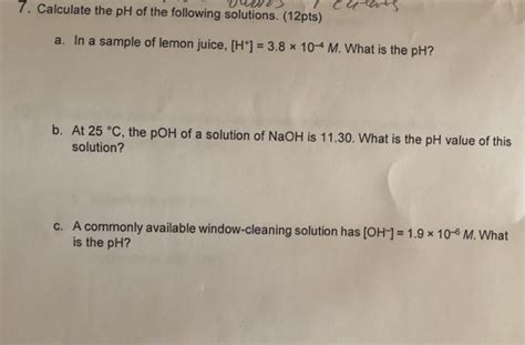 Solved Calculate The PH Of The Following Solutions 12pts Chegg