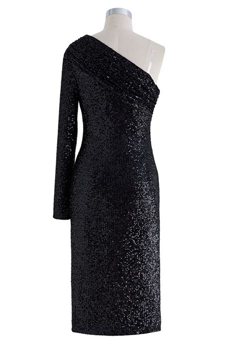 Slanted Shoulder Full Sequins Cocktail Dress In Black Retro Indie