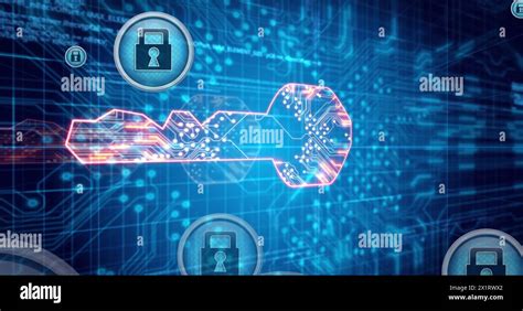 Digital Key Symbolizes Cybersecurity Against Blue Binary Backdrop Stock