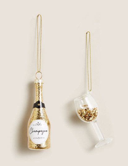 2 Pack Gold Champagne Tree Decorations Gold Champagne Bottle Ts