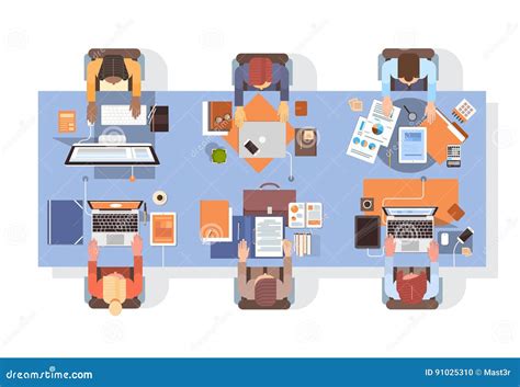 People Using Computers Businesspeople Workplace Desk Top Angle View Teamwork Stock Vector