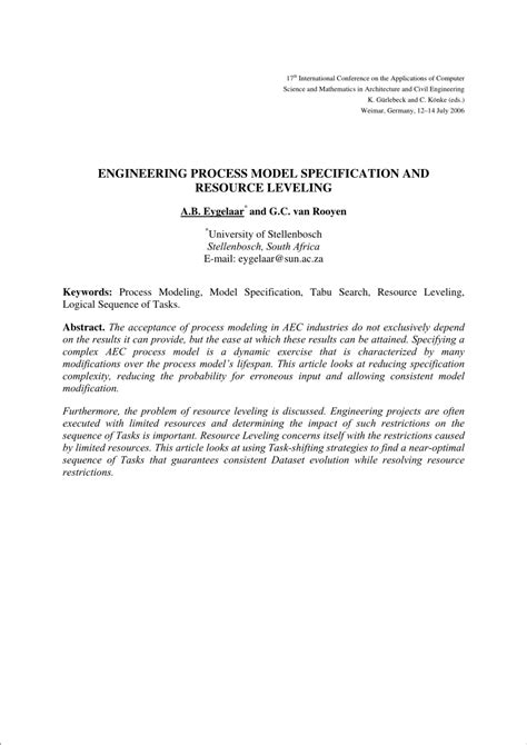 Pdf Engineering Process Model Specification And Resource Leveling
