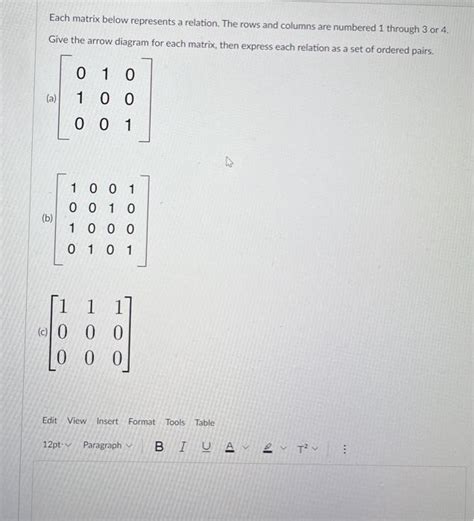 solved each matrix below represents a relation the rows and