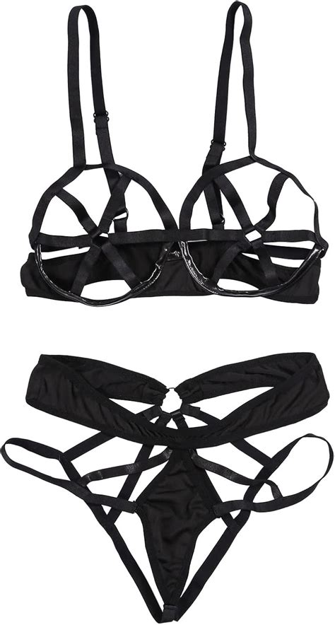 Women Sexy Punk Cupless Bra G String Set Hollow Out Body