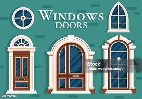 집 건축 벡터 일러스트 레이 션 문과 창문 다양한 모양 색상 및 크기 평면 만화 배경 0명에 대한 스톡 벡터 아트 및 기타 이미지 0명 가구 건물 정면 Istock