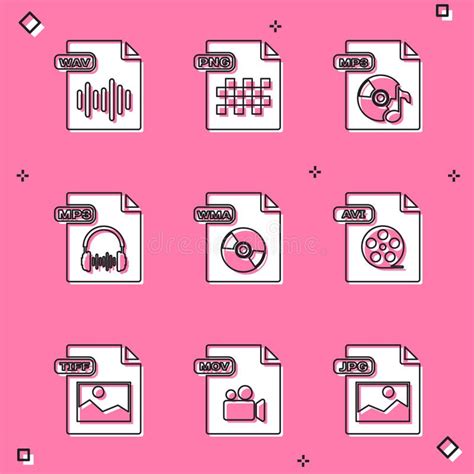 Set Wav File Document Png Mp3 Wma Avi Tiff And Mov Icon Vector