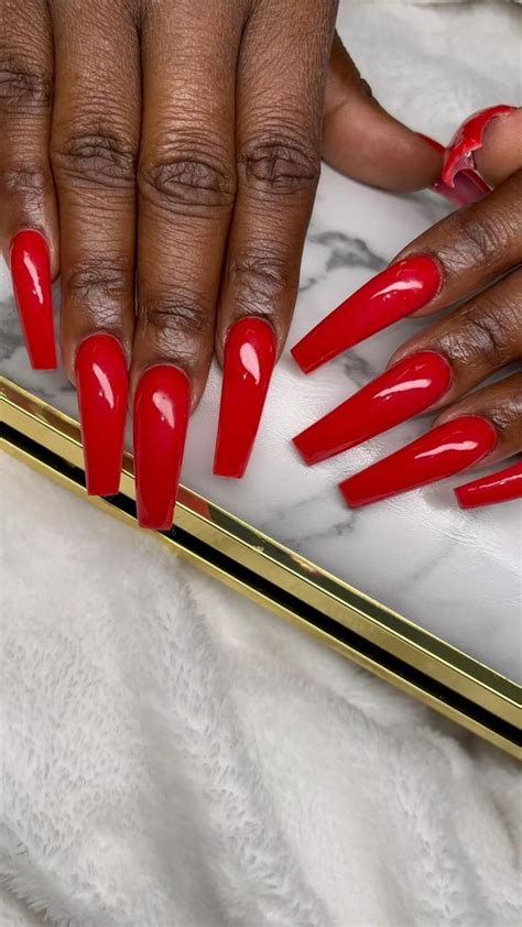 Red Long Acrylic Valentines Day Coffin Nails Red Nails Nail Colors