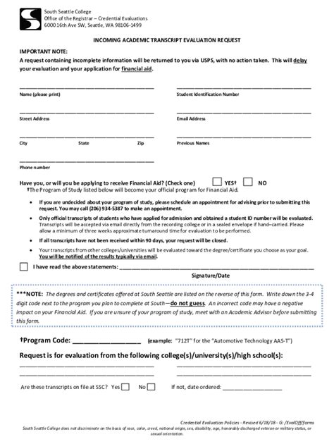 Fillable Online Transcript Evaluation Request September 2017docx Fax