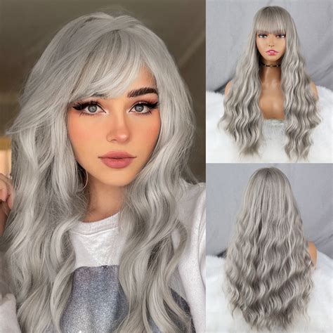 Grey Orange Wig Long Wave With Bangs Synthetic Wig For Women Cosplay