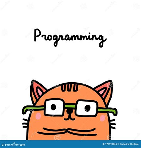 cat programming coding hand drawn vector illustration in cartoon comic