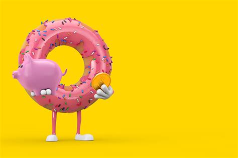 빅 스트로베리 핑크 글레이즈 도넛 캐릭터 마스코트 와 돼지 저금통과 골든 달러 동전 3d 렌더링 도넛에 대한 스톡 사진 및 기타