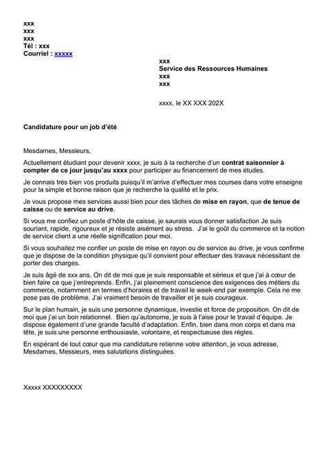 Lettre de motivation job d été etudiant mise en rayon caisse et drive