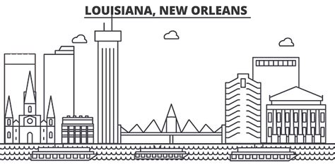 루이지애나 주 뉴 올 리 언 즈 아키텍처 선 스카이 라인 그림 유명한 랜드마크 시티 명소와 선형 벡터 풍경 디자인 아이콘 편집 가능한 선 프리 새로운에 대한 스톡 벡터 아트
