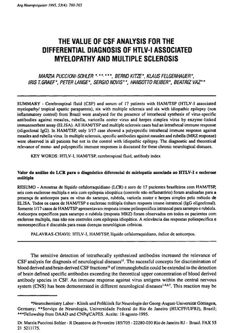 Pdf The Value Of Csf Analysis For The Differential Diagnosis Of Htlv