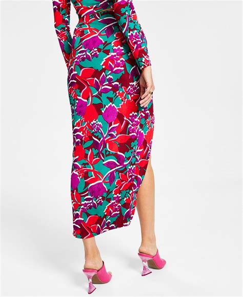 Bar Iii Womens Floral Print High Slit Pull On Midi Skirt Created For