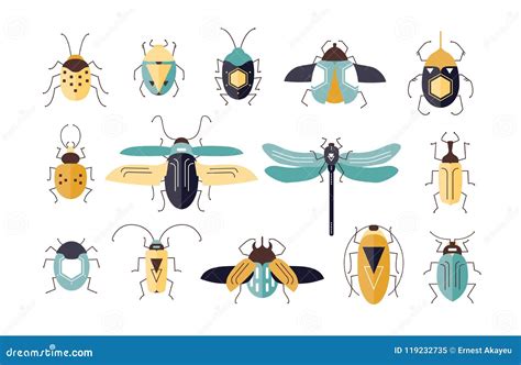 Bundle Of Different Colorful Geometric Insects With Wings And Antennas