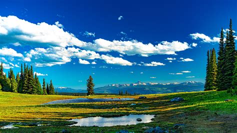 Landscape Mountains Trees Meadow Water Grass Clouds Blue Sky 4k Hd