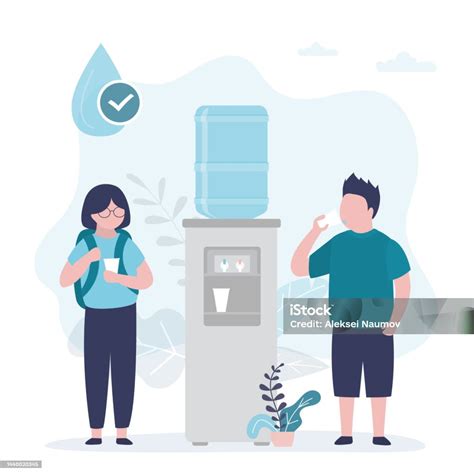 행복한 학교 아이들은 깨끗한 생수를 마시고 쿨러에서 액체를 정화합니다 휴식 시간에 물을 마시는 아이들 건강한 라이프 스타일 쿨러의 순수한 아쿠아 물 탱크 개념에 대한 스톡