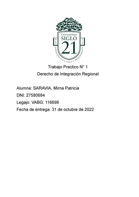 Trabajo Practico N Derecho DE Integracion Regional Trabajo Practico N Derecho De