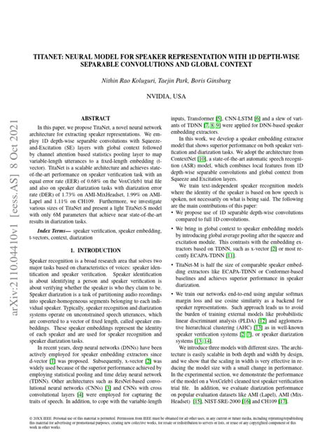 2021 Titanet Neural Model For Speaker Representation With 1d Depth Wise