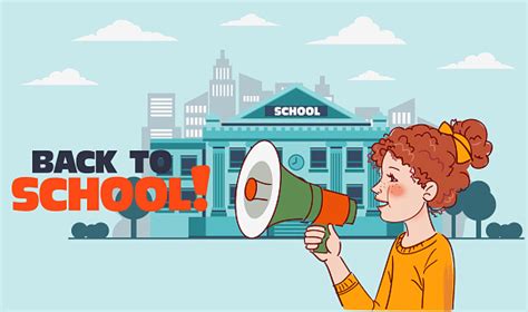 메가폰으로 외치는 재미있는 소녀 학교 벡터 일러스트레이션으로 돌아가기 4 5세에 대한 스톡 벡터 아트 및 기타 이미지 4 5세 6 7 살 8 9 살 Istock