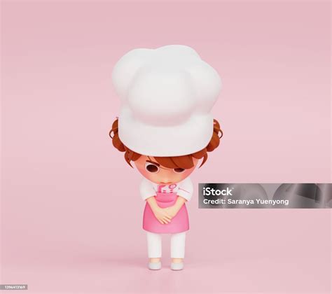 유니폼을 입은 귀여운 요리사 소녀 미안한 느낌과 핑크 배경 3d 일러스트 만화에 레스토랑 마스코트 캐릭터 로고를 사과하십시오 3차원 형태에 대한 스톡 사진 및 기타 이미지