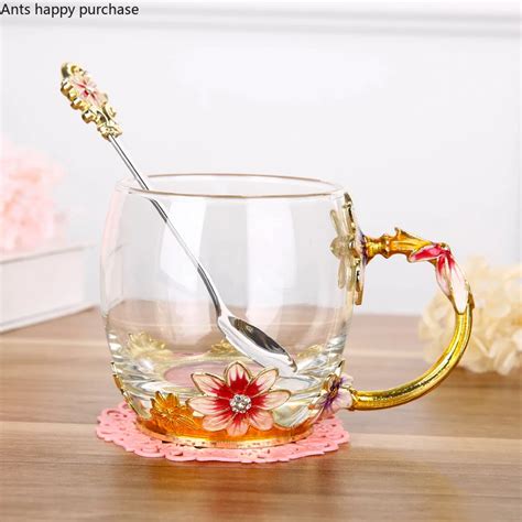 에나멜 다채로운 꽃 찻잔 가정용 물컵 거실 커피 컵 크리스탈 유리 찻잔 뚜껑과 스푼 핸드거프 음료용기머그잔 Aliexpress