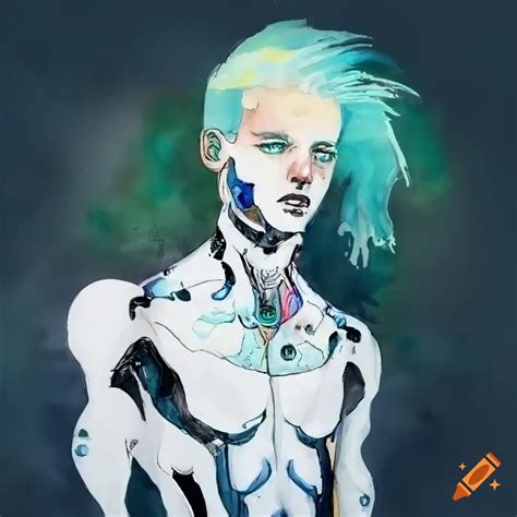 Young Man Cyborg In White Futuristic Bodysuit With Light Cyan Hair On