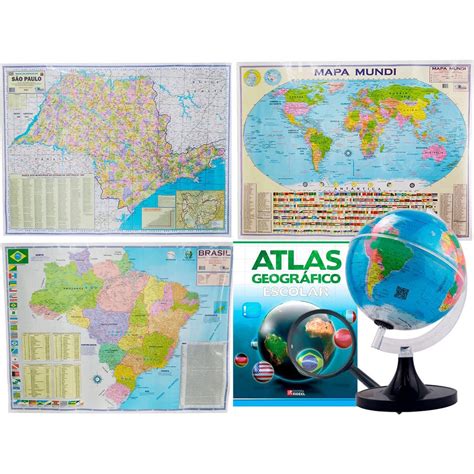 Kit Globo Terrestre 21cm Atlas Lupa Mapas Do Brasil Mundi E Sp