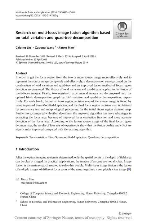 Research On Multi Focus Image Fusion Algorithm Based On Total Variation And Quad Tree