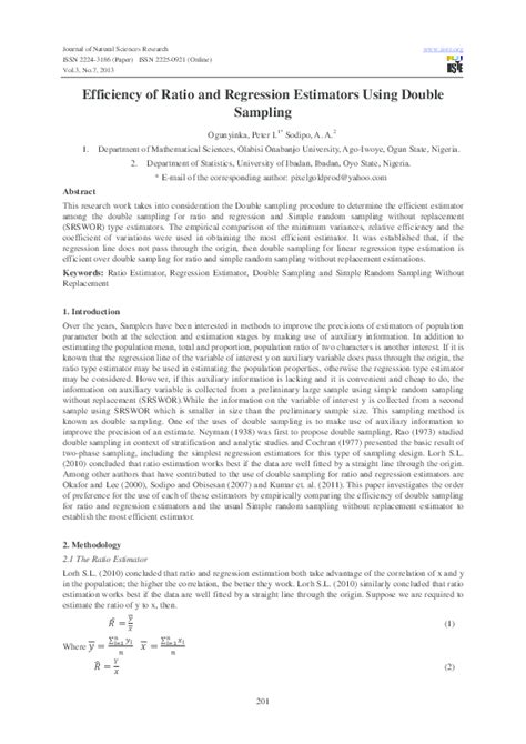 Pdf Efficiency Of Ratio And Regression Estimators Using Double Sampling