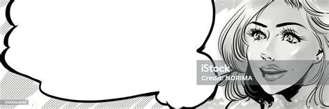 미국 만화 스타일의 아름다운 금발 여성의 일러스트레이션과 연설 풍선이 미소 짓고 놀랐습니다 고풍스런에 대한 스톡 벡터 아트 및