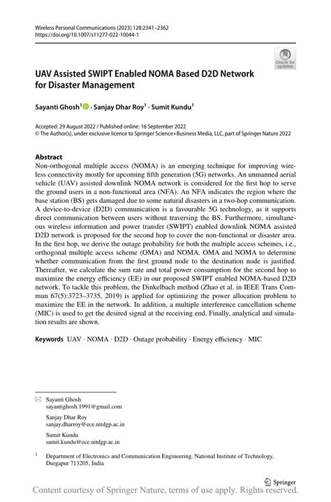 Uav Assisted Swipt Enabled Noma Based D2d Network For Disaster Management Request Pdf