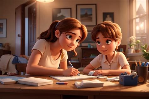 Premium Photo Cartoon Of Mother Helping Her Son Do Homework At Home