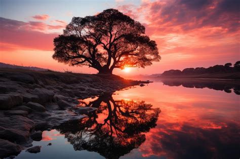 Premium Ai Image Serene Dawn Reflecting In Quiet Waters And