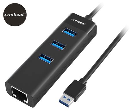 Mbeat 20cm 3 Port Usb 30 Hub And Gigabit Ethernet Adapter Black