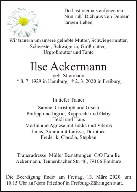 Ilse Ackermann Traueranzeigen Nachrufe And Danksagungen Auf Bztrauerde