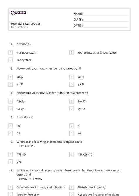 50 Equivalent Expressions Worksheets For 6th Class On Quizizz Free And Printable