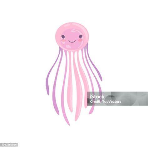 사랑 스러운 핑크 해파리 흰색 바탕에 귀여운 바다 생물 문자 벡터 일러스트 레이 션 귀여운에 대한 스톡 벡터 아트 및 기타