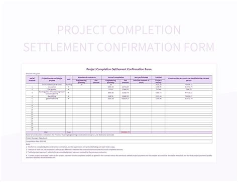 Project Completion Settlement Confirmation Form Excel Template And