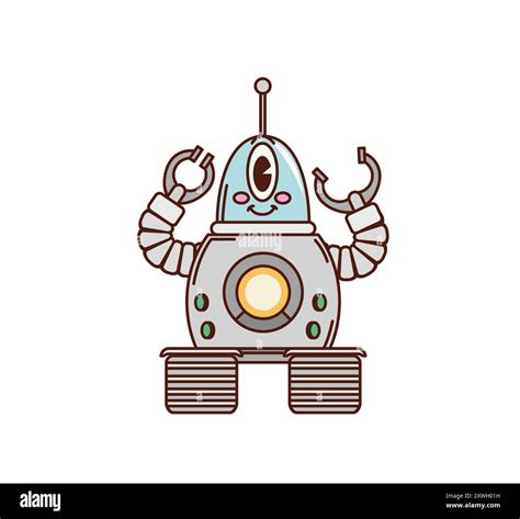 Cartoon Robot Retro Groovy Character Or Alien Space Robotic Bot On Wheels Vector Android