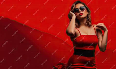 Premium Photo A Woman In A Dress Wears Sunglasses And Posing On Red