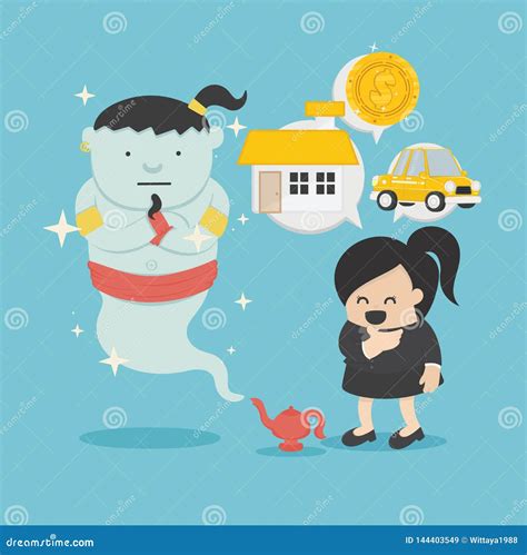 Illustration Concept Businesswoman With Aladdin`s Genie And Three