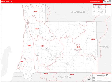 Antrim County Mi Zip Code Wall Map Red Line Style By Marketmaps Mapsales