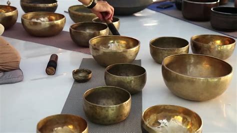 Bronze Tibetan Singing Bowls Meditation Hall Stock Footage Video 100