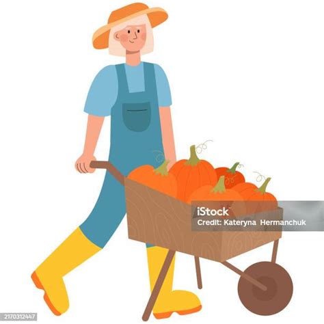 호박으로 가득 찬 수레를 가진 여자 캐릭터 가을 수확 유기 농업 원예 가정 정원의 개념 10월에 대한 스톡 벡터 아트 및 기타 이미지 Istock
